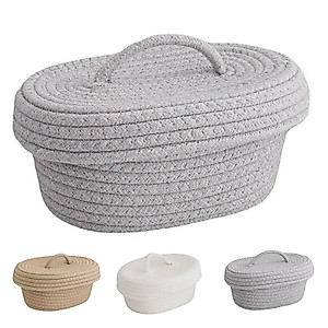 Storage Bins with Lids Rope Basket with Lid Handmade Cotton Rope Storage Basket Desktop Storage Box for Makeup Sundries Snack Needles(Gray)