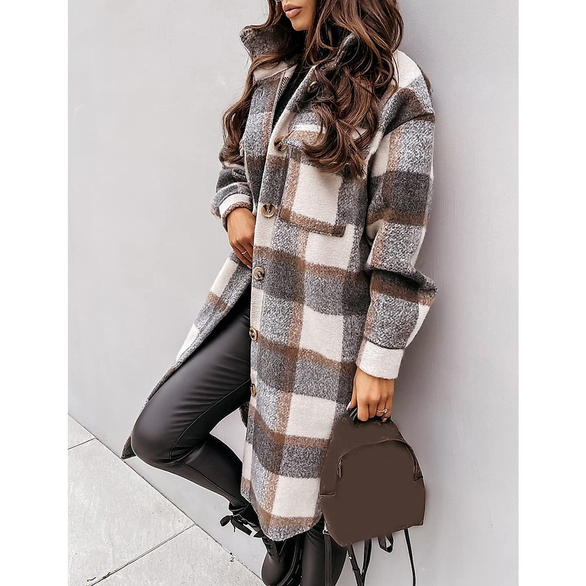 Esmeling Womens Plaid Shacket Brushed Flannel Shirt Jacket Mid Long Wool Blend Tartan Coat(0001-DarkGrey-M)