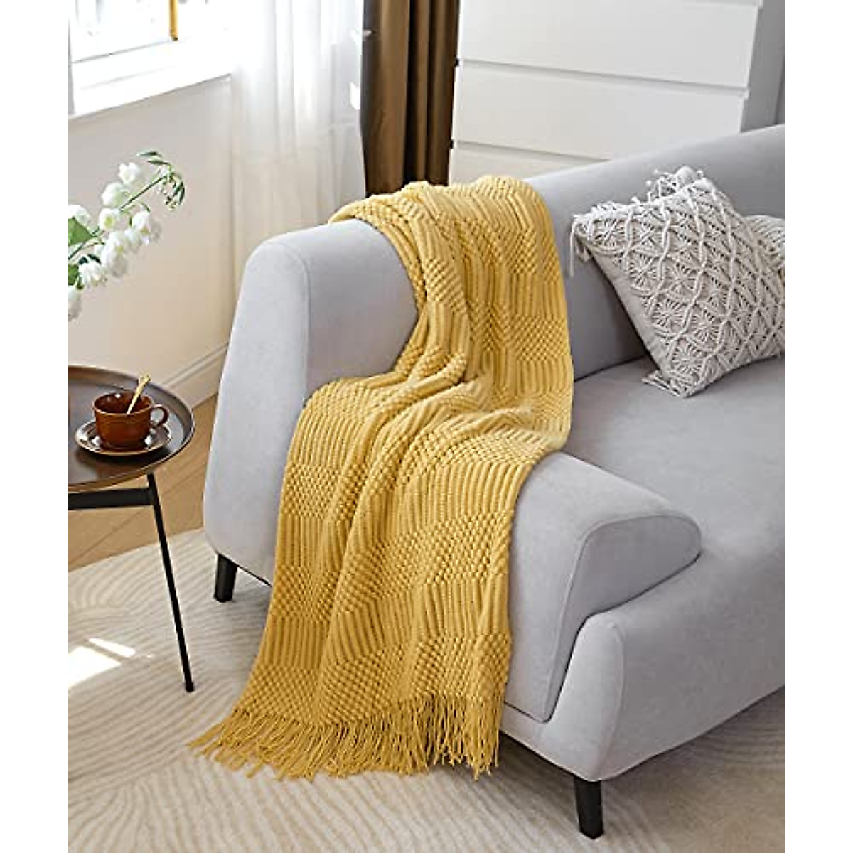 FSLEAD Mustard Throw Blanket for Couch 50 x 60 inches - Knit Woven Summer Blankets, Cozy Lightweight Decorative Throw for Sofa, Bed and Living Room - All Seasons Suitable for Women, Men and Kids