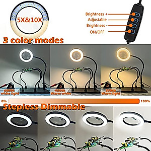 5X&10X Magnifying Glass with Light and Stand, KUVRS Flexible Magnetic Helping Hand, Large Base&Clamp Magnifying Lamp, 3 Color Adjustable Arm Desk Magnifying Glass with Light for Soldering Craft Hobby