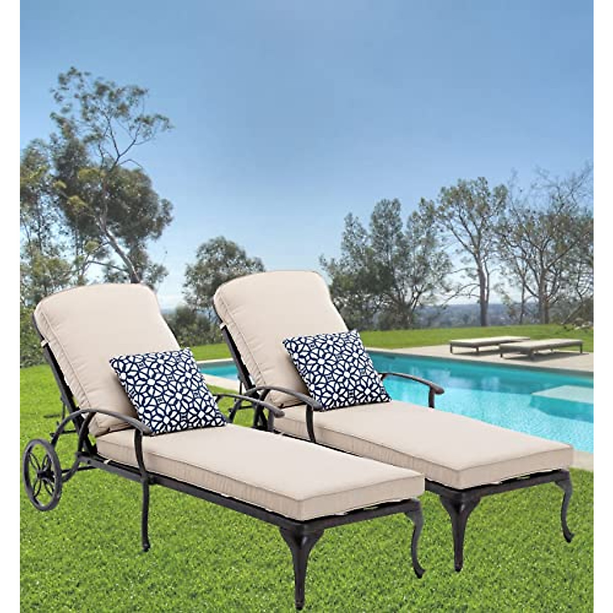 Luccalily Chaise Lounge Patio Chair with Wheels, Adjustable Reclining Rust-Resistant Aluminum Cast Poolside Chaise Lounge Furniture Set of 2, Waterproof Beige Cushion