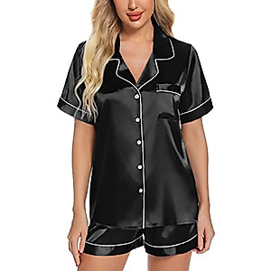 Samring Womens Silk Satin Pajamas Short Sleeve Loungewear Two-Piece Sleepwear Button-Down Pj Set Black L