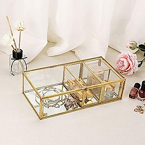 Hipiwe Mirrored Glass Keepsake Box with Two Detachable Internal Glass Organizer - Gold Lidded Box Jewelry Trinket Storage Box Perfume Makeup Lipstick Holder