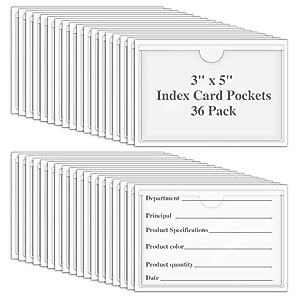 36 Pack Adhesive 3" x 5" Index Card Pockets with Top Open for Loading, Clear Plastic Labels Holders for Organizing, Storage Bins, Library Card, Totes, Shelves