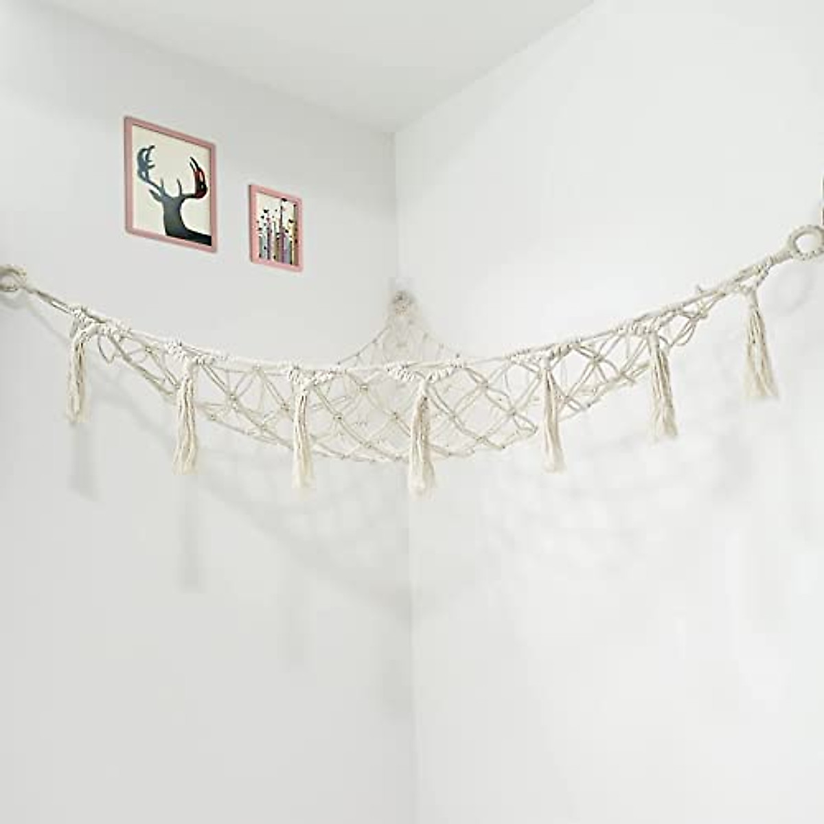 Stuffed Animal Toy Hammock Macrame With String Light Hanging,Stuffed Animal Organizer Wall Corner Toy Storage Holder Stuffed Animal Display,Bohemian Tassel style Kid Nursery living Roombedroom Decoration
