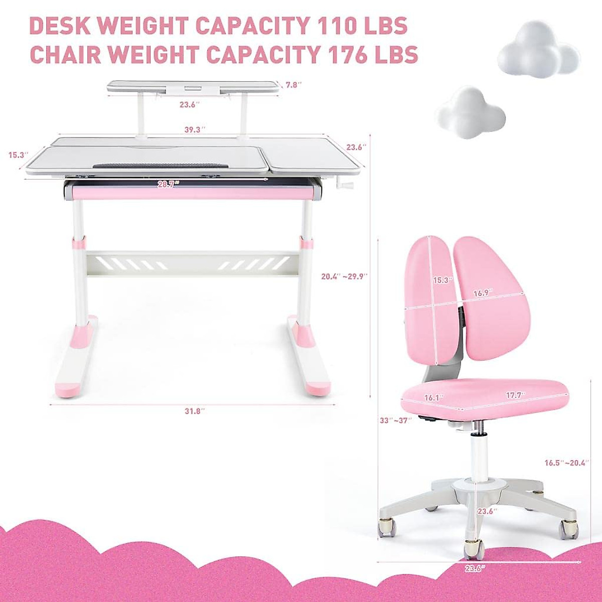 COSVALVE Premium Kids Study Desk and Chair Set,Adjustable Girls School Writing Study Table,Ergonomic Desk Chair with Large Writing Board Pull Out Drawer Bookstand Pink