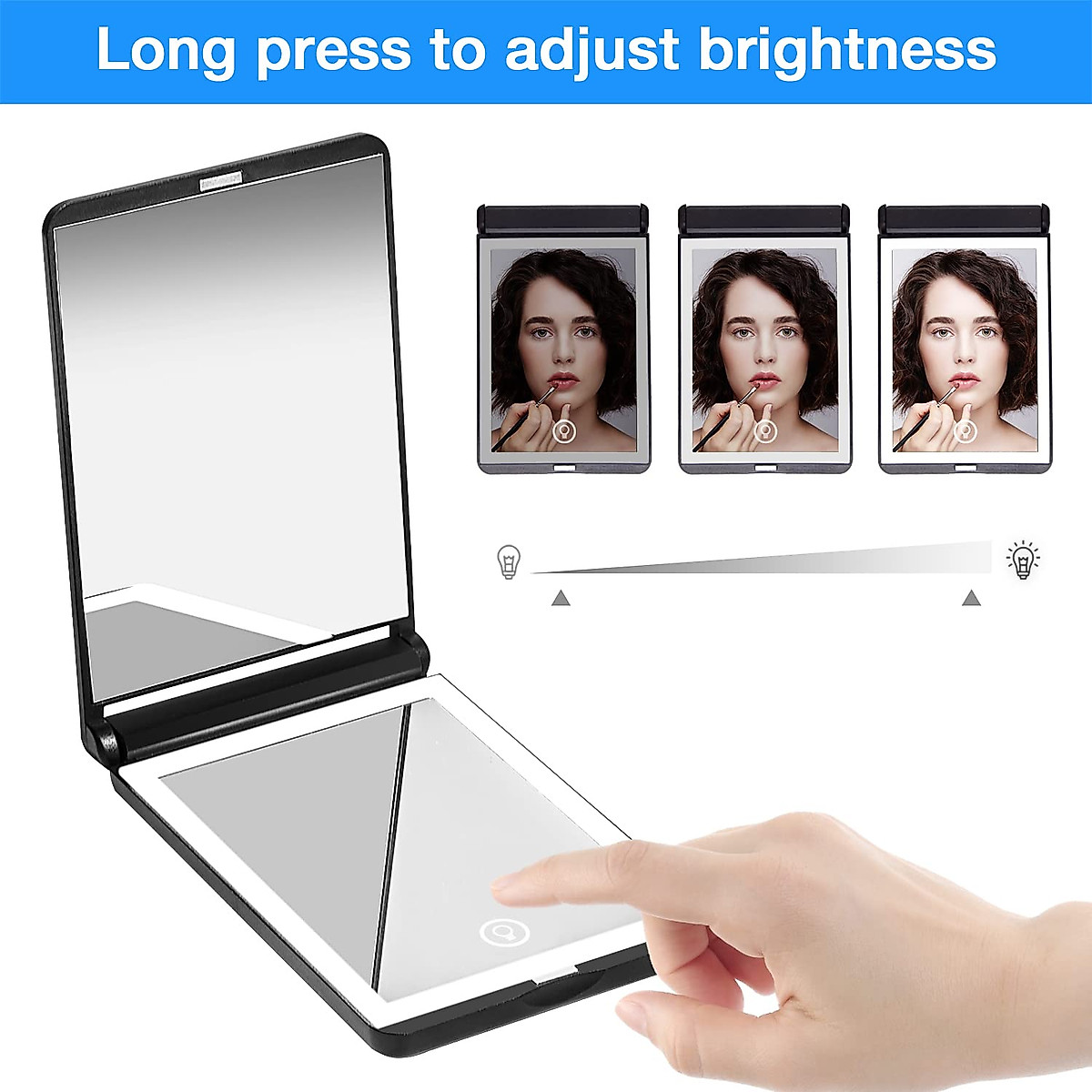 wobsion 300 Flip Folding Travel Mirror, 1x/3x Magnifying with 23 LEDs, Touch Dimmable, Rechargeable, Magnetic Switch, Black