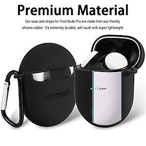 (1+1) Miimall Compatible for Google Pixel Buds Pro Case with Strap, Soft Silicone Keychain Protective Case Cover + Anti-Lost Neck Strap for Pixel Buds Pro 2022 Accessories (Black)