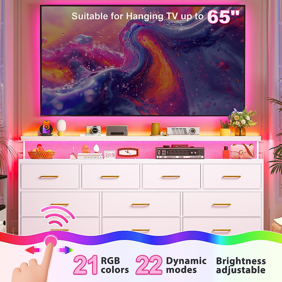 EnHomee 55" W White Dresser for Bedroom with 10 Drawers Long Dressers & Chests of Drawers with LED Lights & Power Outlets Large Dresser for Bedroom Dresser for Closet, Hallway, Metal Frame, White