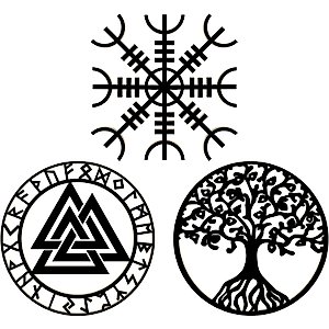 VALHALLA Vahala 3pc Viking Decor 15” Metal Wall Art | Viking Compass, Valknut, Tree of Life｜Nordic Mythology Vegvisir Runes and Symbols, Norse Metal Wall Décor, (15 in W x 15 in H / 38x38 cm)