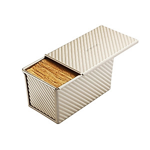 monfish Pullman Loaf Pan w Cover Bread Toast Mold corrugated loaf Pan w lid 1lb dough Alluminumed Steel Non Stick Gold (8.5X4.75X4.375INCH)