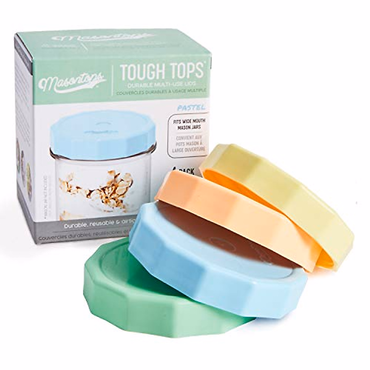 Masontops Tough Tops - Ball Wide Mouth Mason Jar Lids Plastic Leakproof - Multi Colored Plastic Mason Jar Lids - Reusable Canning Lids fit Ball Jars