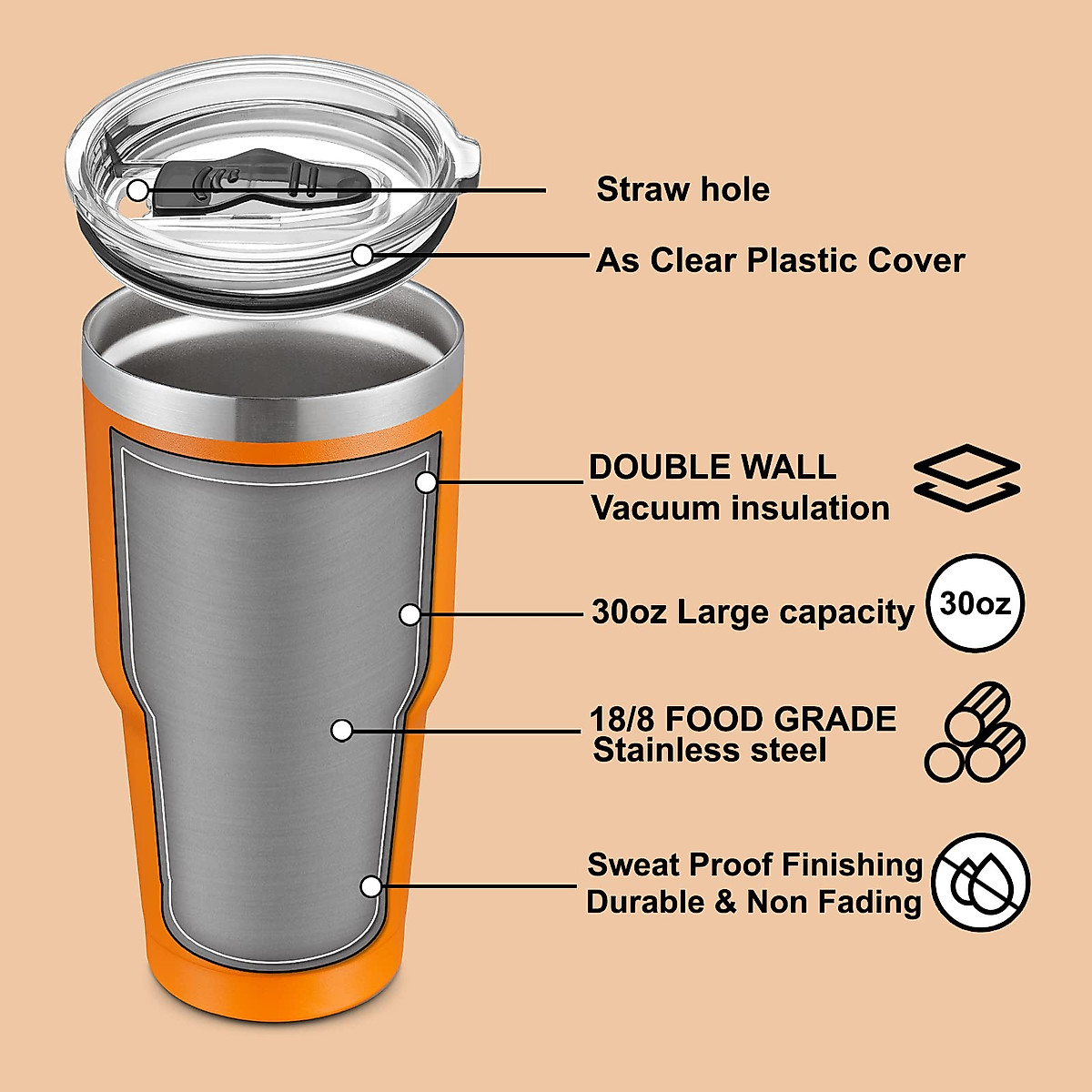COMOOO 30oz Tumbler Stainless Steel Insulated Tumbler with Lid Double Wall Vacuum Coffee Cup Large Travel Mug for Hot and Cold Drinks, Home, Office, School,Party (Orange, 4 Pack)