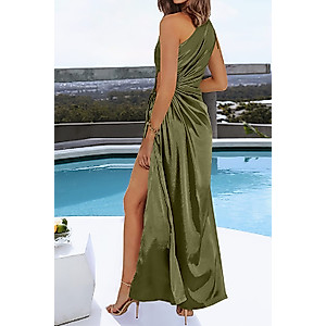 PRETTYGARDEN Women's 2024 Summer One Shoulder Satin Dress Cutout High Split Cocktail Wedding Guest Maxi Dresses (Dark Army Green,XX-Large)