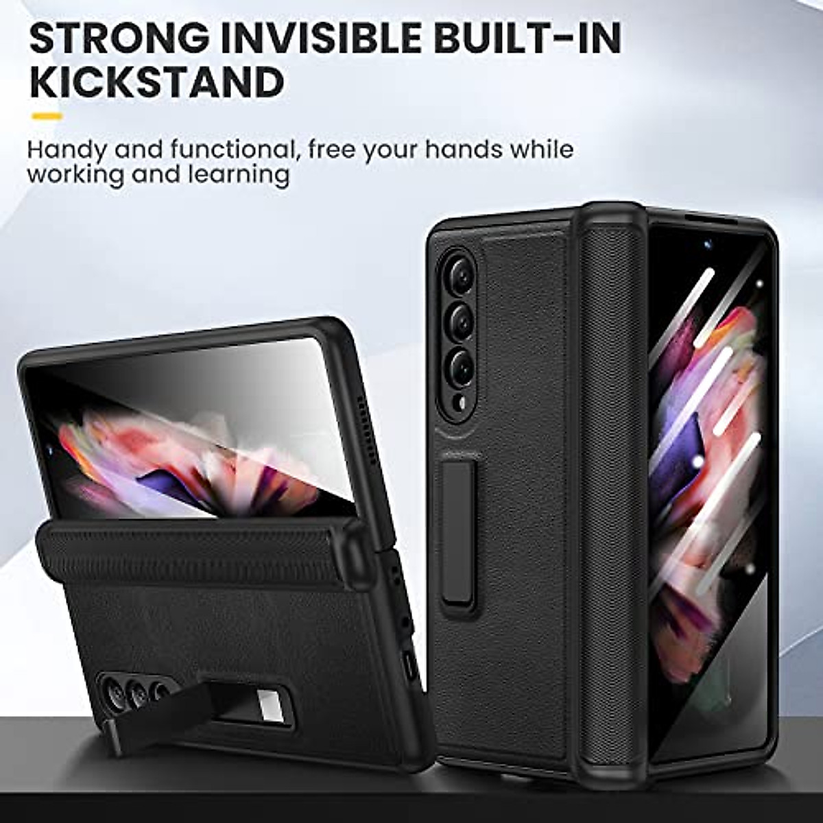 Ruky for Samsung Galaxy Z Fold 3 Full Body Case, Magnetic Kickstand, Hinge Protection, Built-in Screen Protector PU Leather Stand Case for Samsung Galaxy Z Fold 3 5G, Black