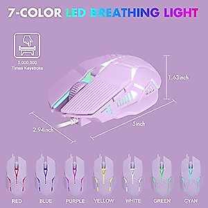 Gaming Keyboard and Mouse Purple Keyboard with White Backlit,CHONCNHOW 87keys LED Keyboard and Mic 3600DPI Wired 19-Keys No Conflict for Windows/Mac/Games（PurpleI，lluminated Key）