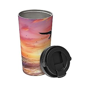 GTKSYNVE Reusable Coffee Mug with Lid and Handle, Sea gull Flying Over Colorful Sky Tumbler for Hot & Cold Drinks 16oz Stainless Steel Insulated Coffee Tumblers Double Wall Vacuum Thermal Cup