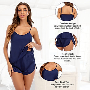 Zando Womens Cami Summer Pajamas Set Shorts Sexy Lingeri Satin Sleepwear Plus Size Lingerie Set Two Piece Sleepwear Satin Shorts Lingerie Set Womens Nightwears Silk PJS Navy Blue Small