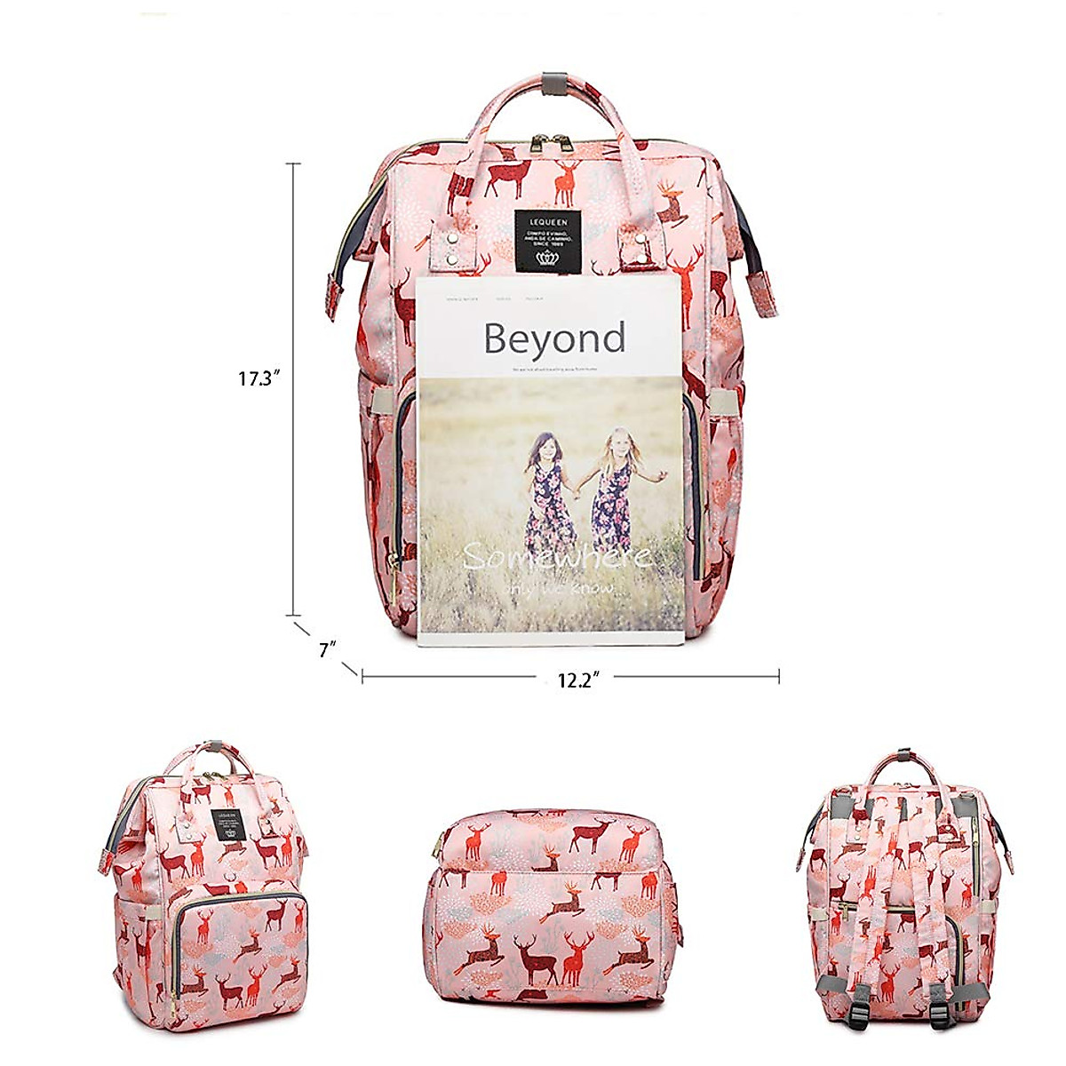 Starte Deer Cartoon Diaper Bag for Mom/Dad,Waterproof Travel Backpack,Spacious Tote Shoulder Bag Organizer,Pink