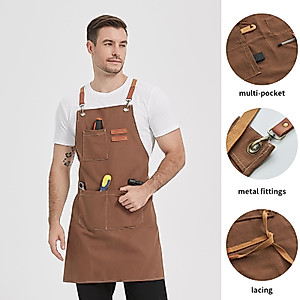 FunChaos Brown Canvas Aprons, Work Aprons for Men Women, Chef Aprons with Adjustable Strap and 3 Pockets, Apron for Servers Kitchen Cooking Baking Artist Painting, Cross Back