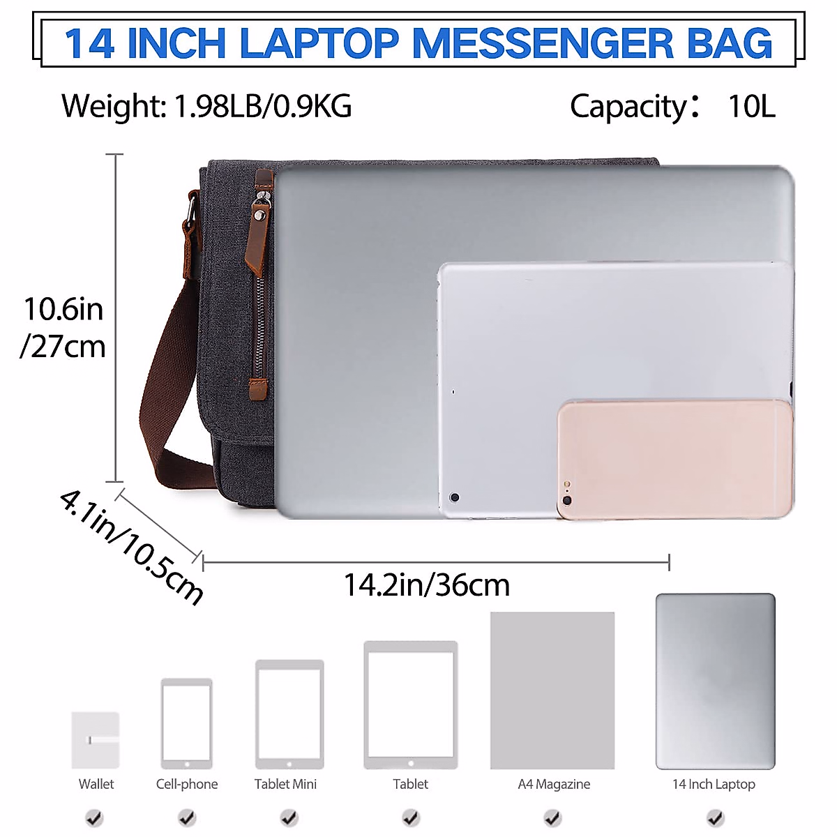 Messenger Bag for Men and Women, Canvas Leather 14 Inch Laptop Messenger Bag Shoulder Bag for Work VONXURY