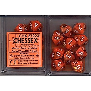 Chessex Dice Sets: Vortex Solar Orange Marble with White - Ten Sided Die d10 Set (10)