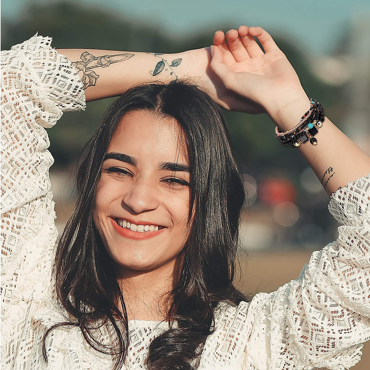 YADOCA 7 Sets Bohemian Stackable Bead Bracelets for Women Multilayer Stretch Bracelet Set Pendant Bangles Multicolor A