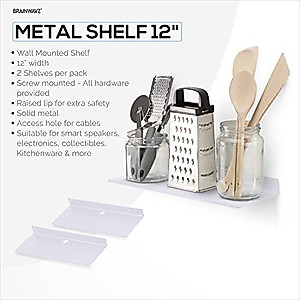 BRAINWAVZ 2-Pack 12" Floating Metal Wall Shelf for Books, Organizer, Speakers, Plants, Cameras, Books, Decor Display, Storage, Routers & More Wide Universal Holder Shelf (White)