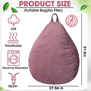 Wenqik 2 Pcs 100L Stuffed Animal Storage Bean Bag Chair Cover (No Filler) for Kids Soft Corduroy Stuffable Bean Bag Zipper for Organizing Children Plush Toys(Dusty Pink)