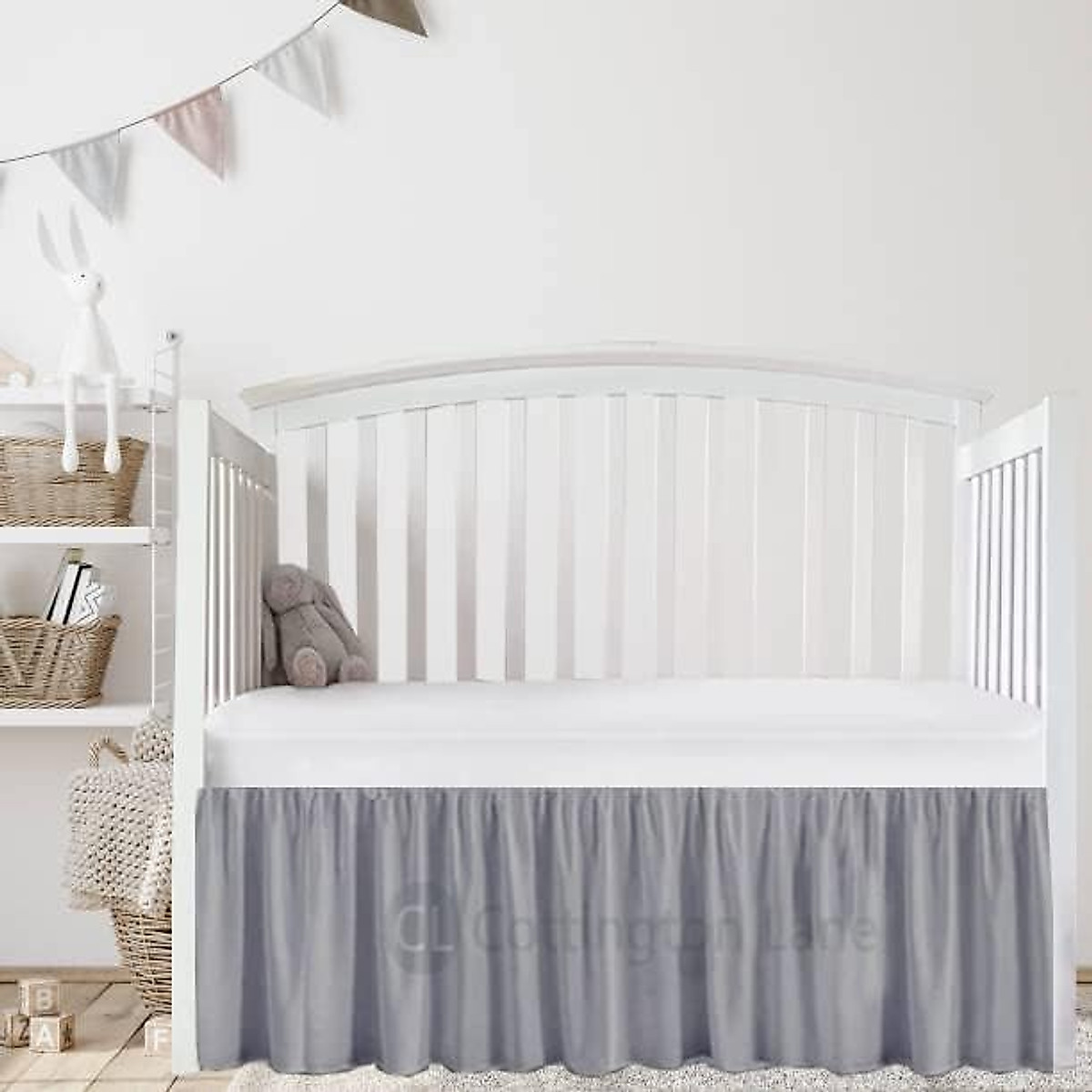 Ligth Grey Crib Skirt Dust Ruffle, 100% Natural Cotton-Nursery Crib-Toddler Bedding Skirt for Baby Girls or Boys, 14" Drop