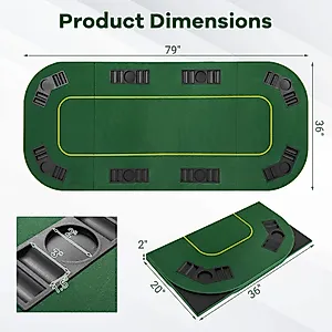Giantex 79 x 36 Inch Poker Table Top, Foldable 8 Player Texas Holdem Poker Table Topper w/Carry Bag, Cup Holders, Chip Trays, Portable Anti-Slip Blackjack Card Board Poker Mat Layout for Casino