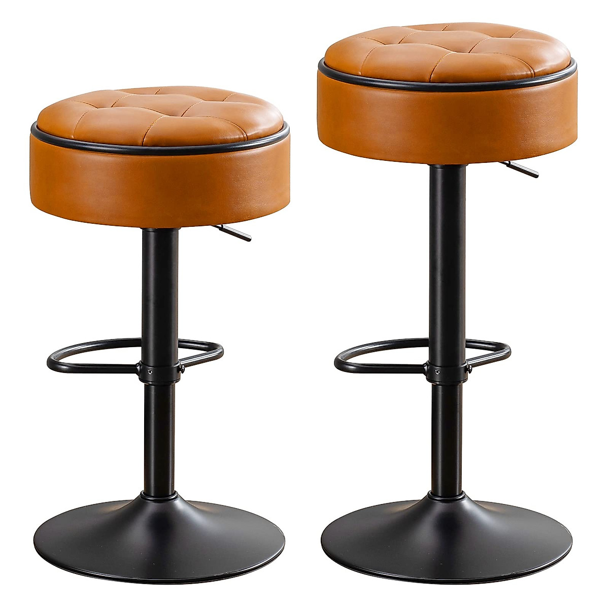 Round Storage Bar Stool Set of 2,Faux Leather Height Adjustable Barstool, 360°Counter Height Swivel Stool, Armless Bar Chair with Metal Frame for Kitchen Counter Dining Living Room Whiskey Brown