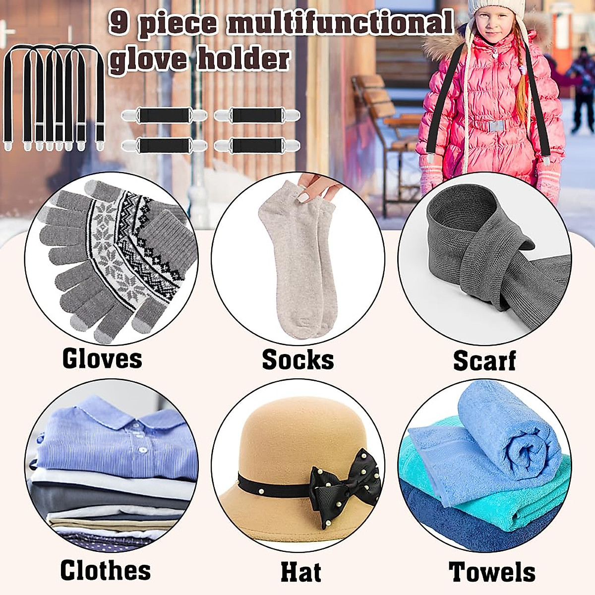 Zkptops 2 Pairs Winter Mitten Clips Elastic Stainless Steel Gloves Clips for Toddler Kids Baby Adults Mitten Clips Clothing Dress Cinch Clips Shirt Waist Shawl Sweater Clips for Women (Black)