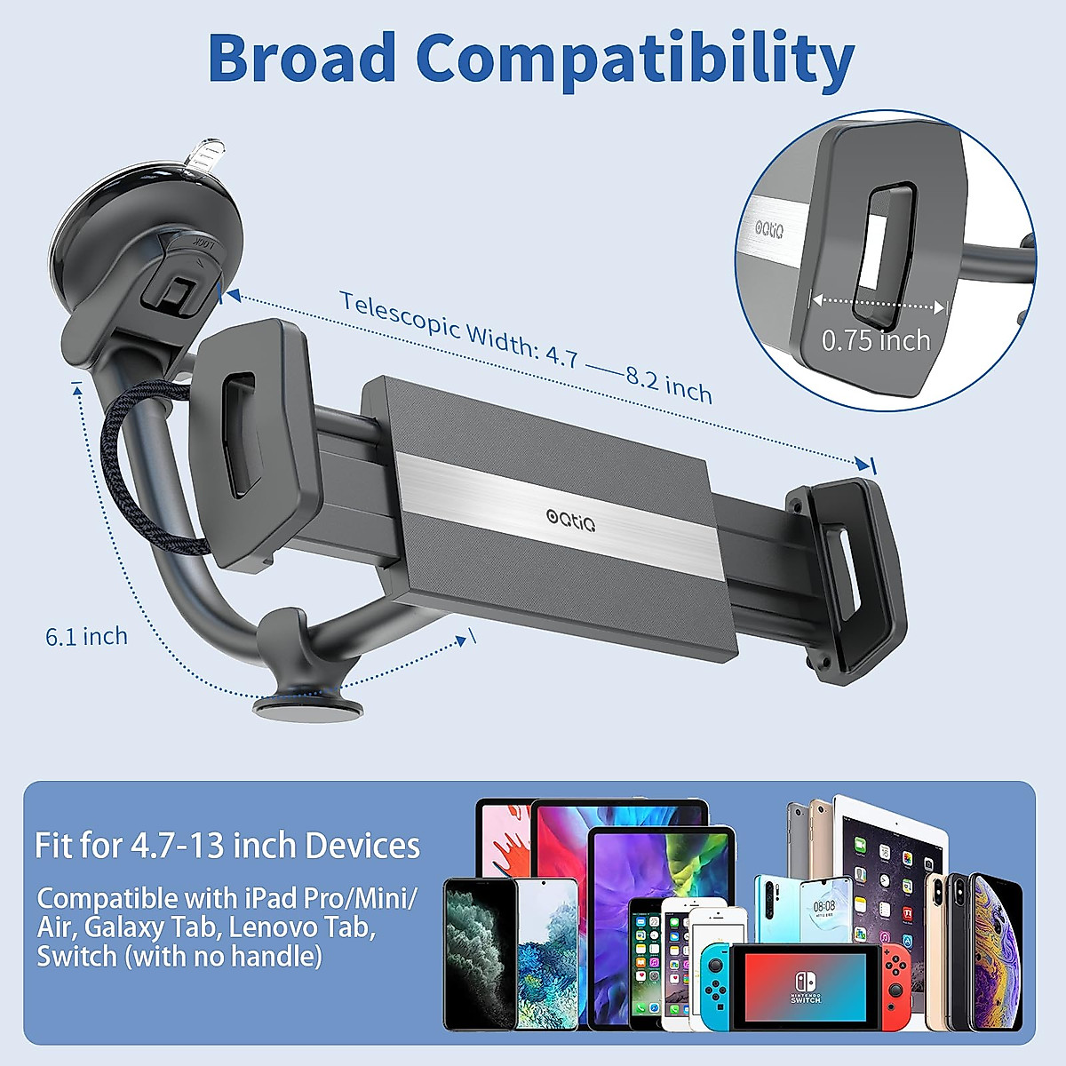 OQTIQ Tablet Holder for Car Dashboard Windshield Car Tablet Mount for Truck Strong Suction Cup Flexible Gooseneck Compatible with iPad Pro, Air, Mini, Galaxy, Fire, 4.7-13" Tablets, and 4-7" Phones