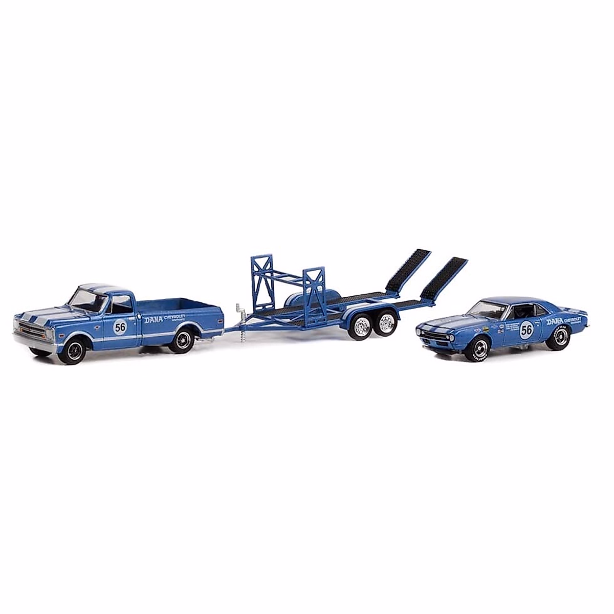 Collectibles Greenlight 31140-A Racing Hitch & Tow Series 4 - 1968 Chevy C-10 and 1967 Trans Am Camaro - Dana #56 on Tandem Car Trailer 1:64 Scale Diecast