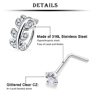 Kridzisw 18G Nose Rings Hoops Studs Piercing Jewelry for Women 18 Gauge Stainless Surgical Steel L Shaped Bend Screw Nose Ring Hoop Nose Rings Stud Nostril Piercing Jewelry Men Silver 2mm CZ Diamond