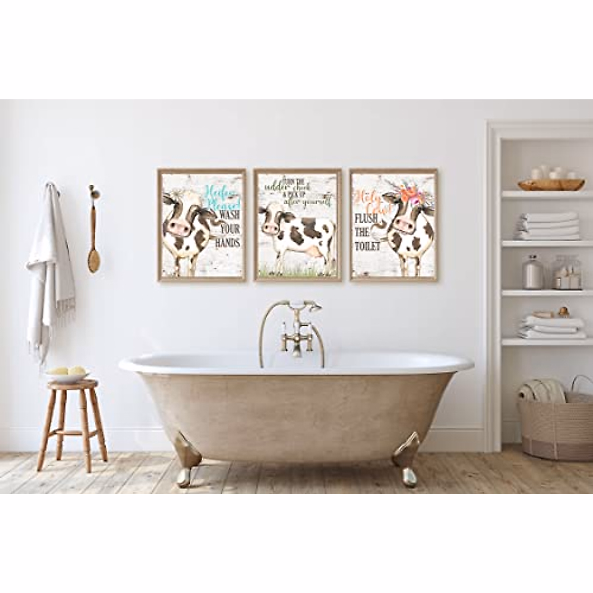 Silly Goose Gifts Heifer Please! Wash Your Hands - Fun Bathroom Rustic Farmhouse Decor Cow Wall Art Prints Wood Country Style Watercolor Design