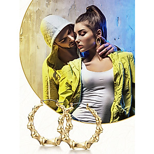 Large Bamboo Hoop Earrings Hip Hop Woman Bamboo Hoop Earrings Oversized Metal Hoop for Daily Wear 80s/ 90s Rapper Accessories (Golden,3.5 Inch)