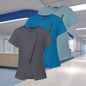 niaahinn Scrubs Top V-Neck with Zipper for Women Originals Women's Mecical Uniform Top (Grey,L,Large)