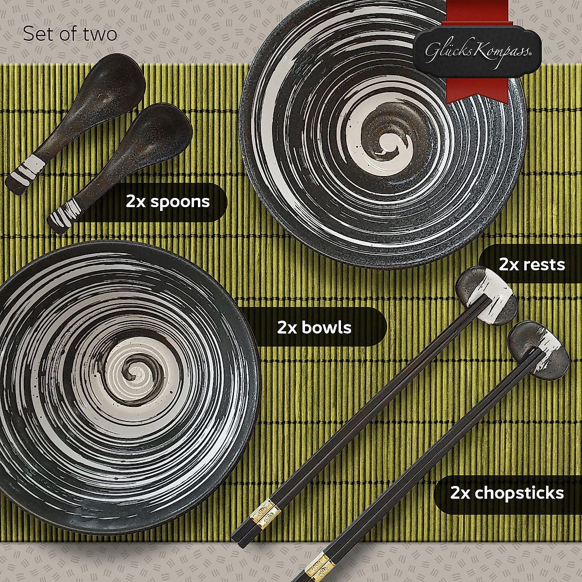 Japanese Ramen Bowl Set (8 pcs, ceramic) with chopsticks, spoons, large 8 inches diameter, 32 oz (1 quart) | microwavable | Pho Bowls Noodle Soup Bowl Asian Rice Bowl