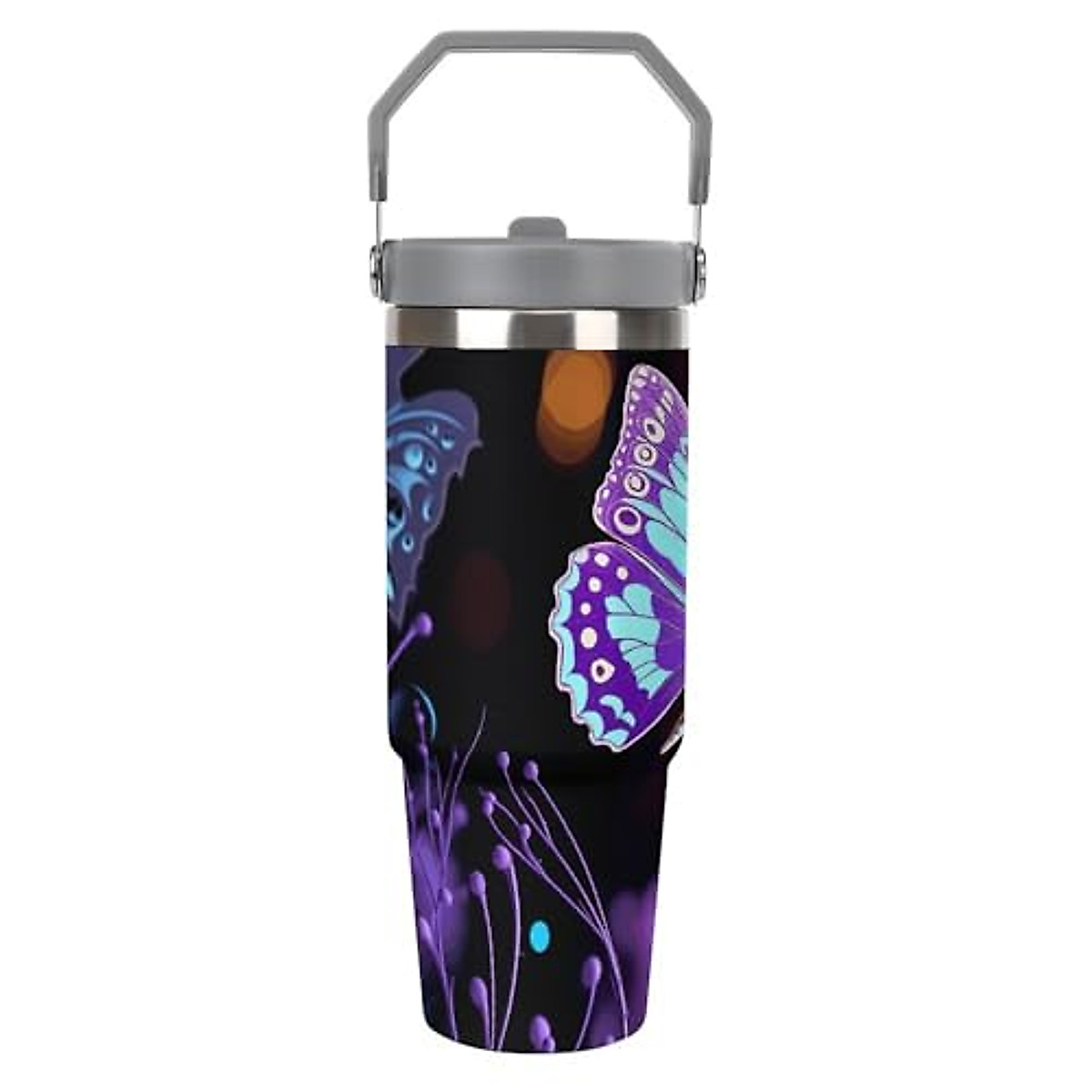 BWQJKUO Large Capacity Car Cup 30 Oz Stainless Steel Purple Butterfly And Flowers Printed Travel Mug Leak-proof Flip Straw Tumbler with Handle,keeps Cold Or Ho