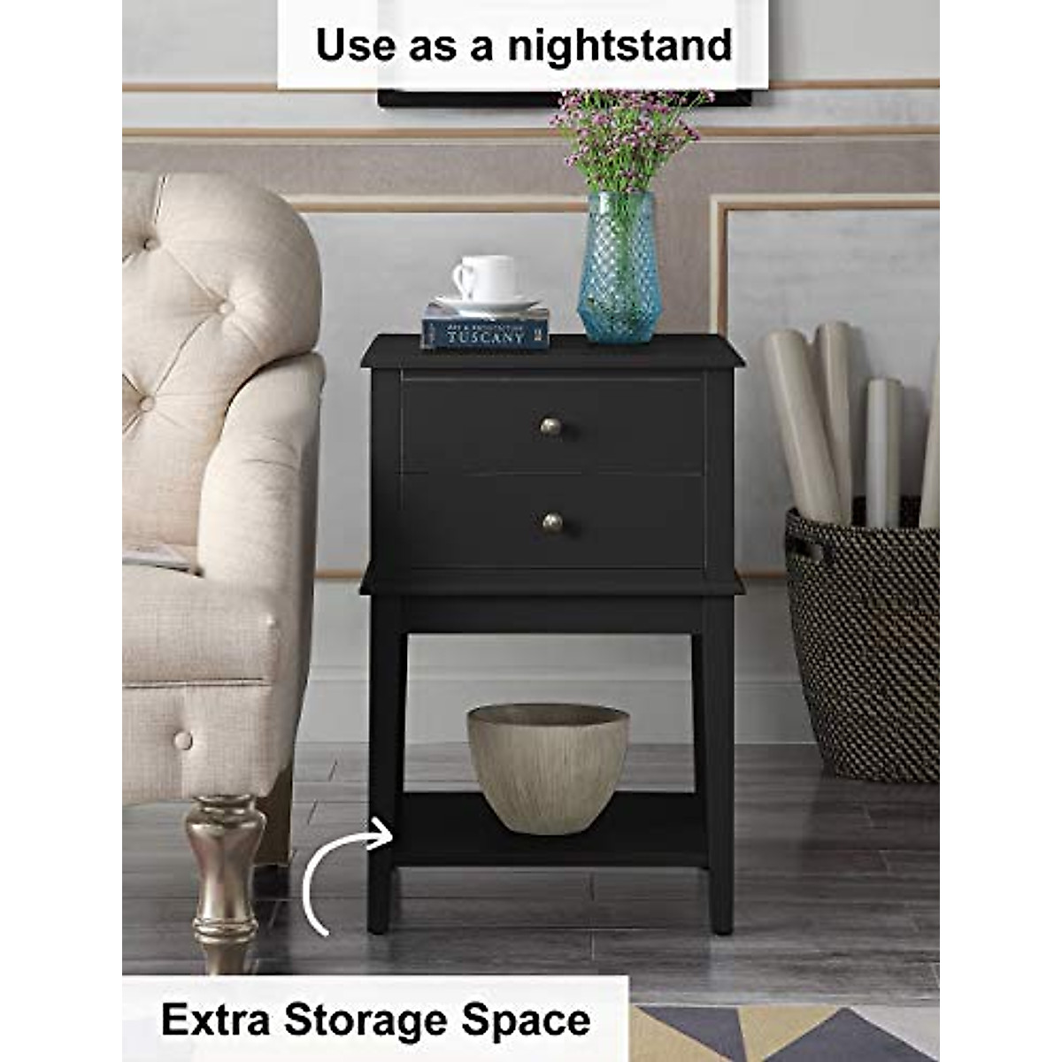 WOODEEM Black Nightstand with 2 Drawers for Bedrooms Tall 28", Big Wooden Side Tables for Kids Room, Large Modern End Table for Living Room