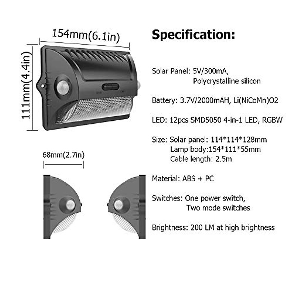 AKSPET Lights LED Wall Lamp Outdoor Solar Lights PIR Motion Sensor Double PIR Inductor 7 Colorful 3 Modes Split Security Solar Garden Light