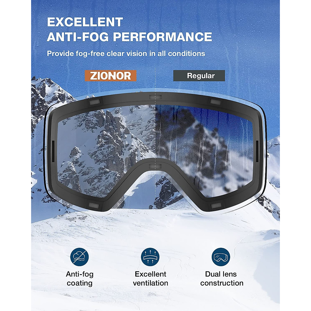 ZIONOR X11 Ski Snowboard Snow Goggles with Magnetic Interchangeable Cylindrical Lens Anti-fog UV Protection for Men Women Adult （VLT 15% Clear Rose Lens）