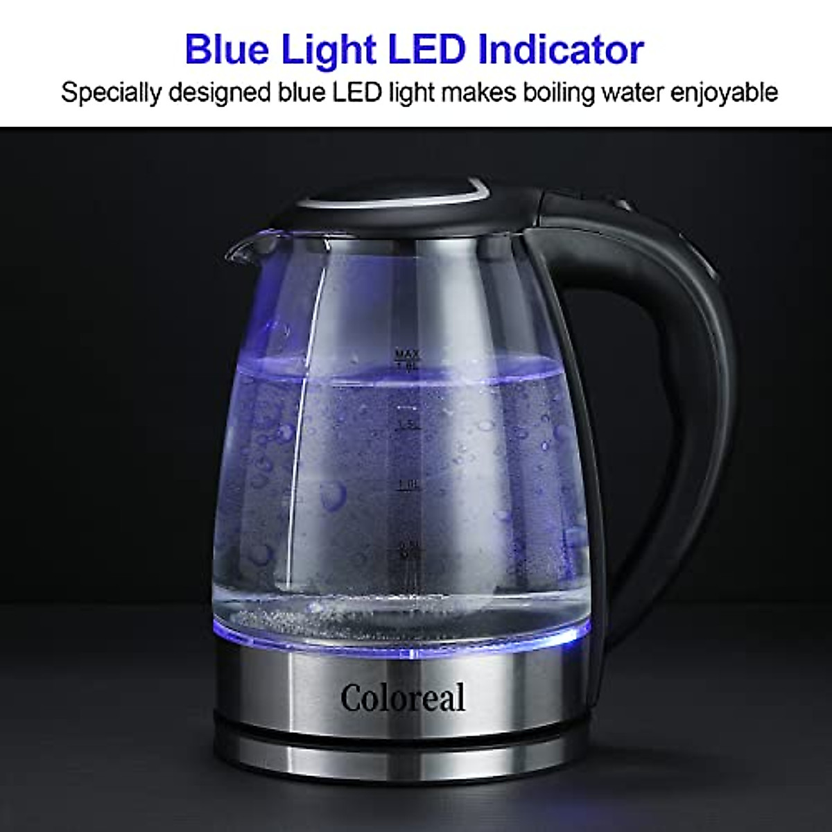 Glass Electric Kettle, 1.8 Liter Tea Kettle With Blue LED Light, 1500W Cordless Portable Water Boiler for Boiling Water, Auto Shut Off And Boil-Dry Protection Glass Teakettle BPA Free