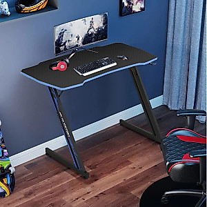 47" Gaming Desk Z Shaped Gaming Table Large Home Office Desks PC Computer Desk Workstation Ergonomic Gamer Table Writing Desk with Headphone Hook for Game Player Boyfriend Gift, Blue