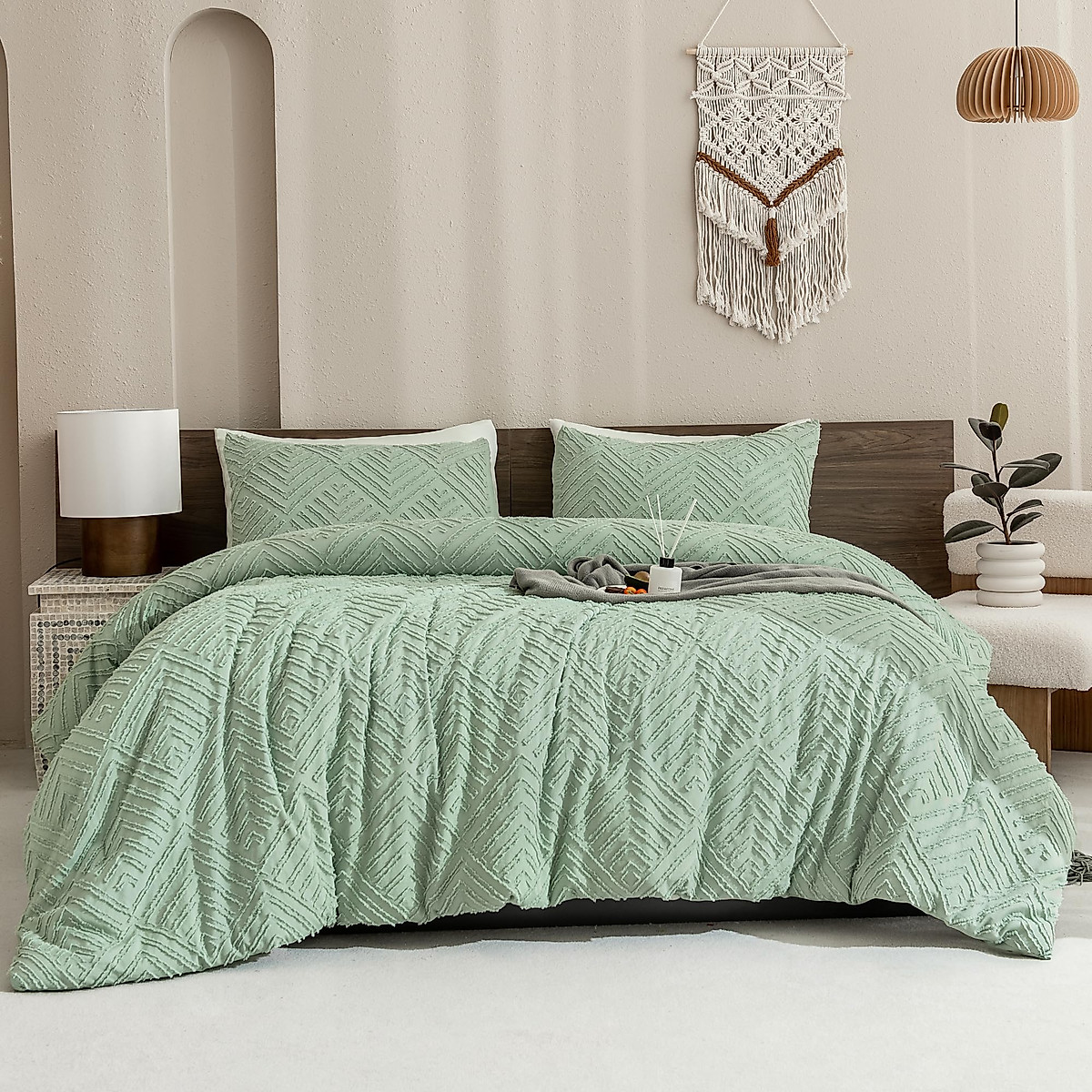 Andency Full Comforter Sets Sage Green, Boho Lightweight and Fluffy Bedding Set for Full Bed, 3 Pieces Tufted Farmhouse Design for All Seasons (79x90Inches, 1 Comforter and 2 Pillow Shams)