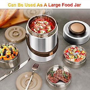 Pawovdeq 67 oz Adults Stainless Steel Vacuum Insulated Wide Mouth Soup Food Thermos Hot Food Jar with Keep Thermal Portable 3 Tier Stackable Bento Hot Food Containers Lunch Boxes (67 oz Silver)