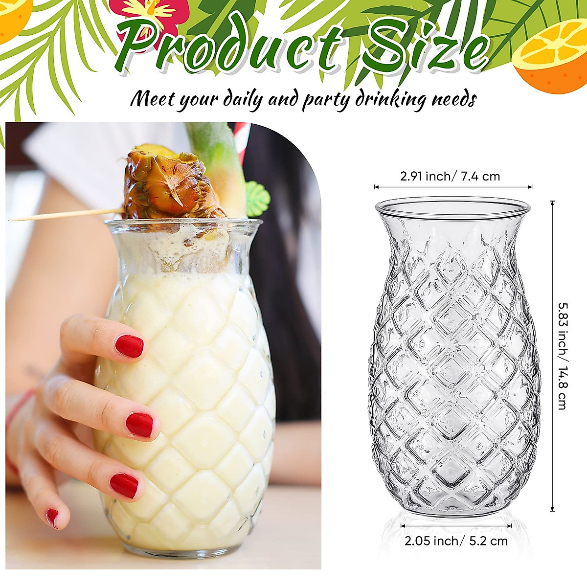 Zubebe Set of 8 Tiki Pineapple Glasses 17 oz Retro Relief Pineapple Cups Clear Pineapple Drinking Cup for Wine Cocktail Drink Martini Whiskey Juice Outdoor Pool Party Picnics