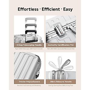 LUGGEX Carry On Luggage with Aluminum Frame, Polycarbonate Zipperless Luggage with Wheels, White Hard Shell Luggage 4 Metal Corner